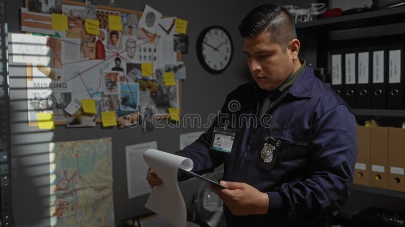 Hispanic Detective in Office Scrutinizing Paper with Evidence Board ...