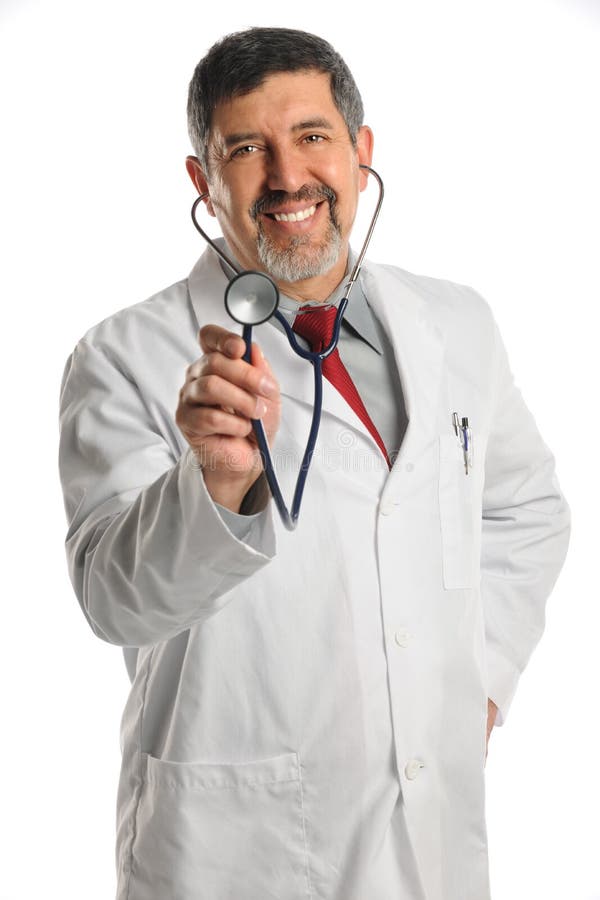 Hispanic Doctor Using Stethoscope Stock Image - Image of smiling ...