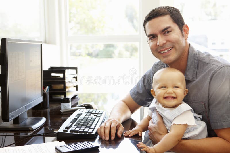 Hispanic Father with Baby Working in Home Office Stock Image - Image of ...