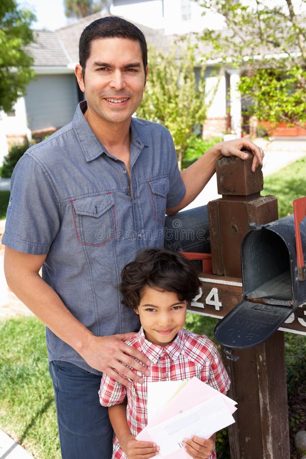 Hispanic Father and Son Checking Mailbox Stock Photo - Image of mail ...