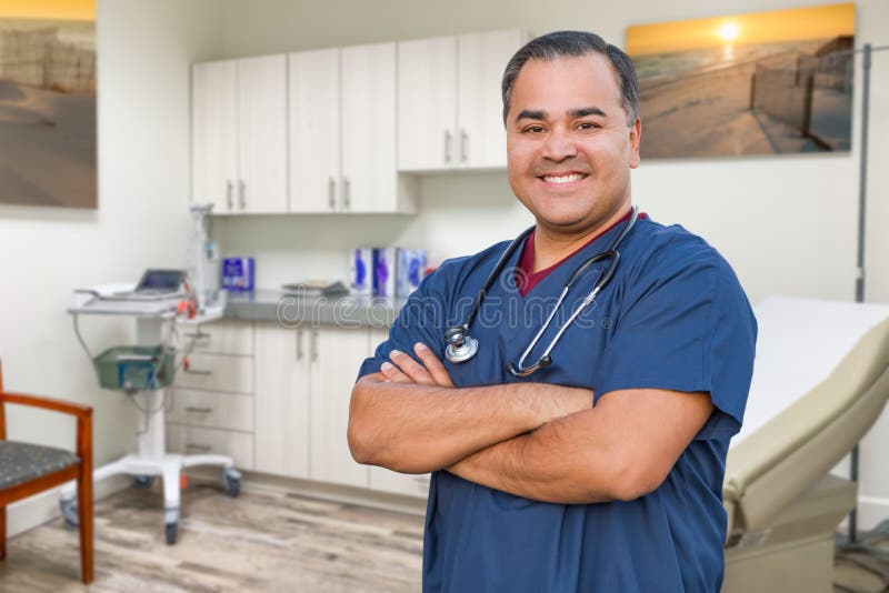 Hispanic Male Nurse Inside Hospital Building Banner Stock Photo - Image ...