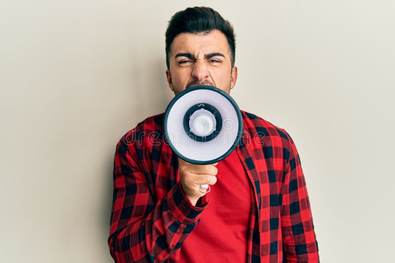 Hispanic Man with Beard Screaming with Megaphone Stock Photo - Image of ...