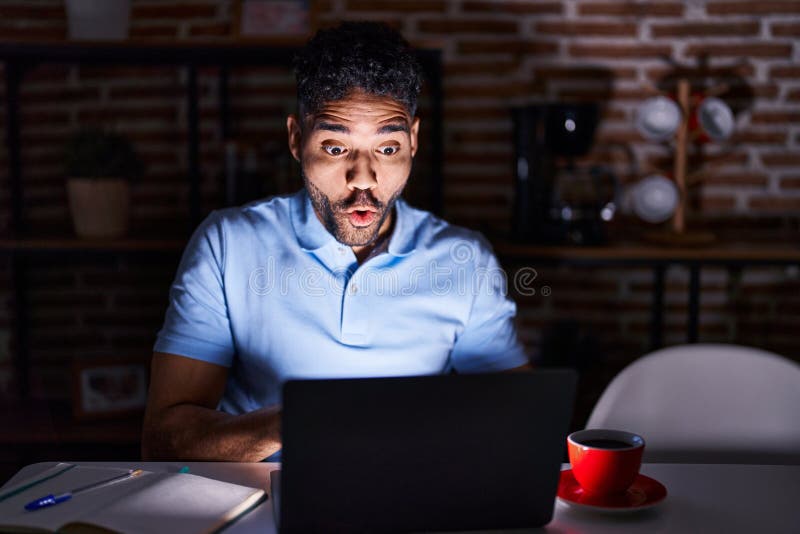 Hispanic Man with Beard Using Laptop at Night Afraid and Shocked with ...