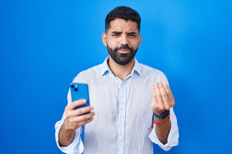 Hispanic Man With Beard Using Smartphone Typing Message Doing Money