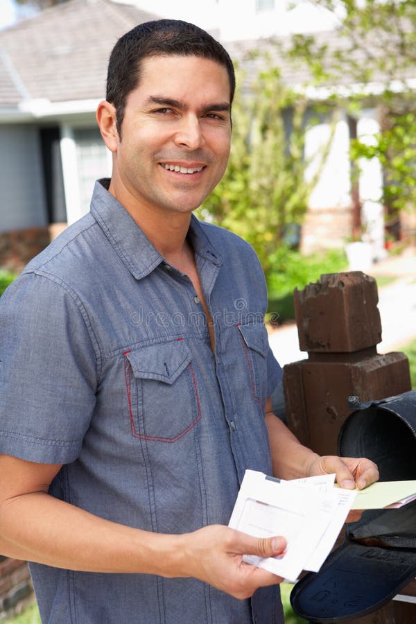 Hispanic Man Checking Mailbox Stock Image - Image of portrait, people ...