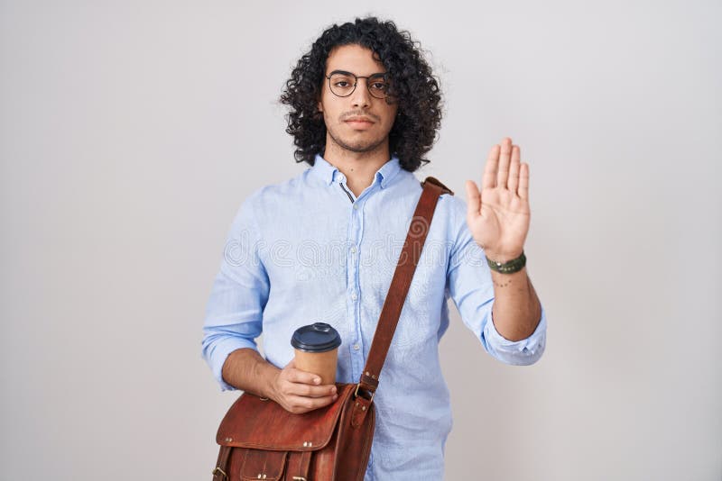 Hispanic Man with Curly Hair Drinking a Cup of Take Away Coffee Doing ...