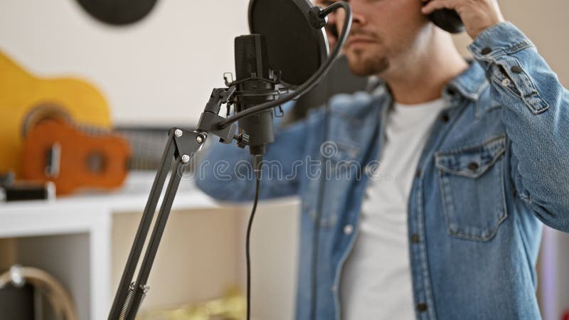 Hispanic Man in Denim Jacket Adjusting Microphone in Music Studio Stock ...