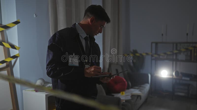 Hispanic Man in Detective Attire Taking Notes at an Indoor Crime Scene ...
