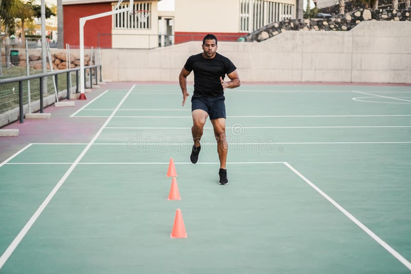 Hispanic Man Doing Speed and Agility Cone Drills Workout Session ...