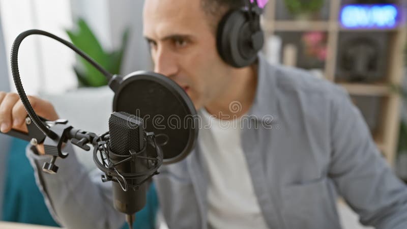 Hispanic Man with Headphones Speaks into Microphone in a Modern Podcast ...