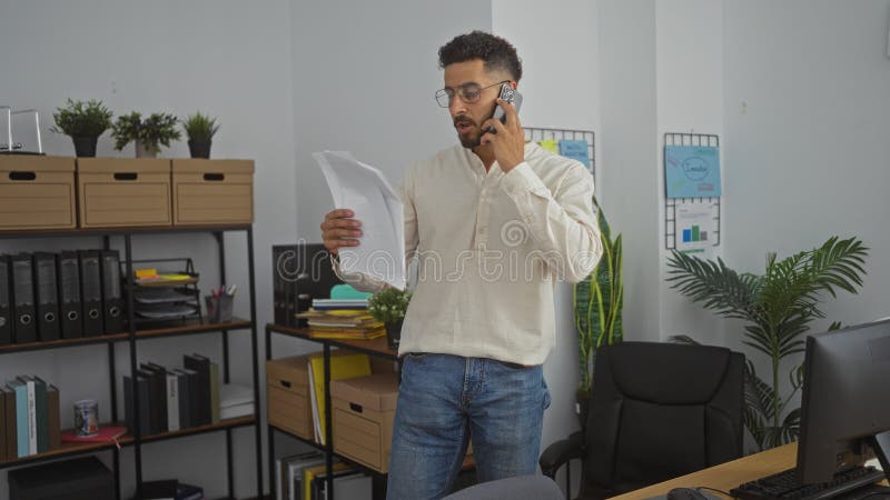 Hispanic Man Reading a Document and Talking on the Phone in a Modern ...