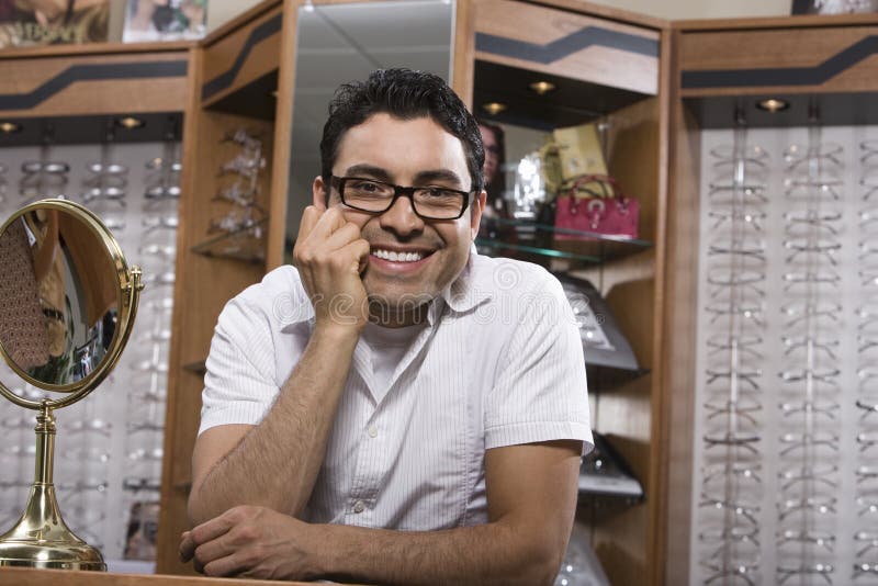 Hispanic Man in Spectacles Shop Stock Photo - Image of ethnicity, adult ...
