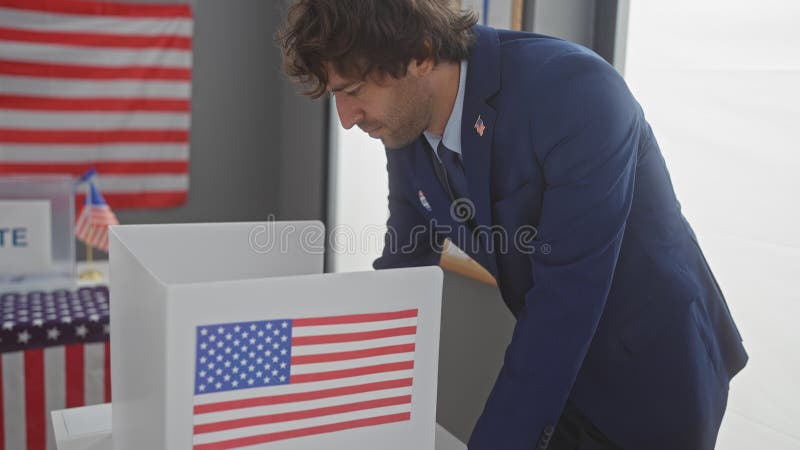 Hispanic Man Voting in an American Electoral Setting with a Flag ...