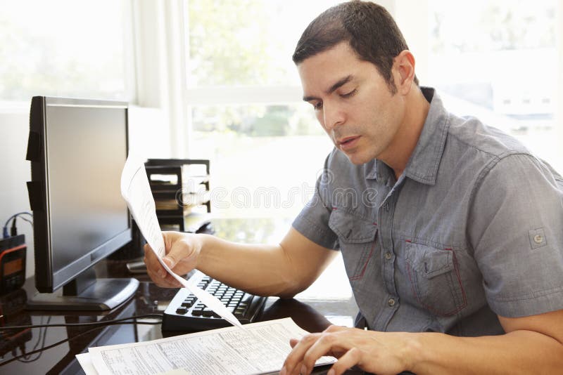 Hispanic Man Working in Home Office Stock Image - Image of computer ...