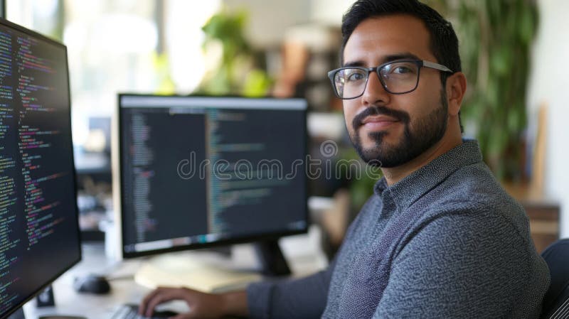 Hispanic Programmer Coding On Dual Monitors In Bright Office