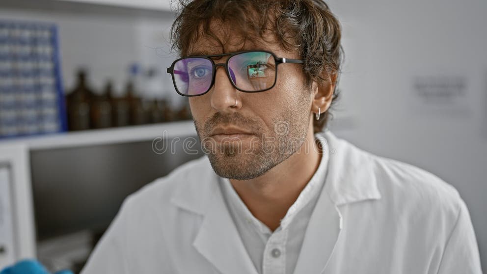 Hispanic Scientist with Beard and Glasses Analyzes Samples in an Indoor ...