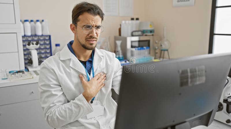 Hispanic Scientist in Lab Coat Experiencing Discomfort while Working ...