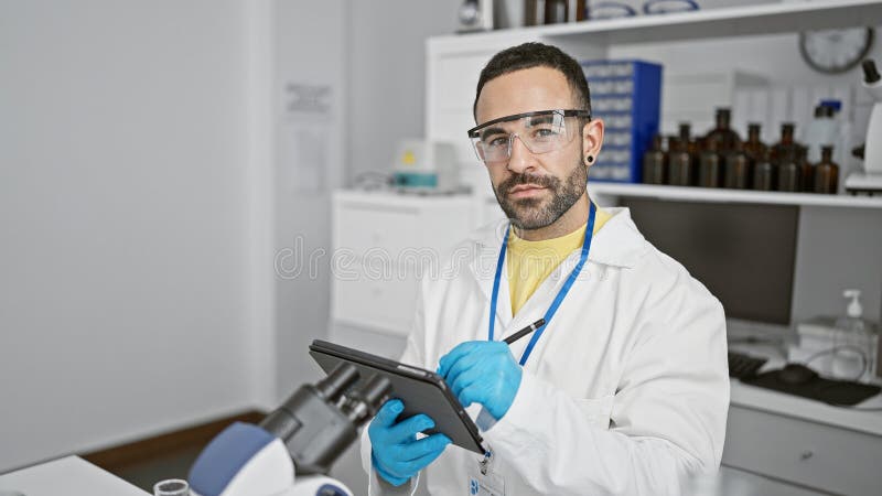 Hispanic Scientist Man with Beard in Lab Coat Working in Laboratory ...