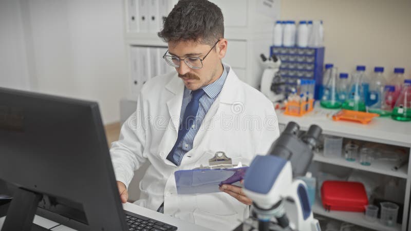 Hispanic Scientist Man with Glasses and Lab Coat Working at Computer in ...