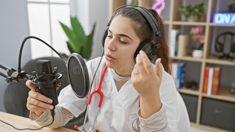 Hispanic Woman Broadcasting in a Radio Studio with a Microphone and ...