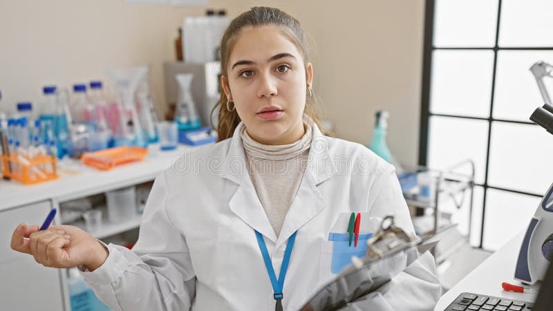 Hispanic Woman Scientist in Lab Coat Working Indoors at a Laboratory ...
