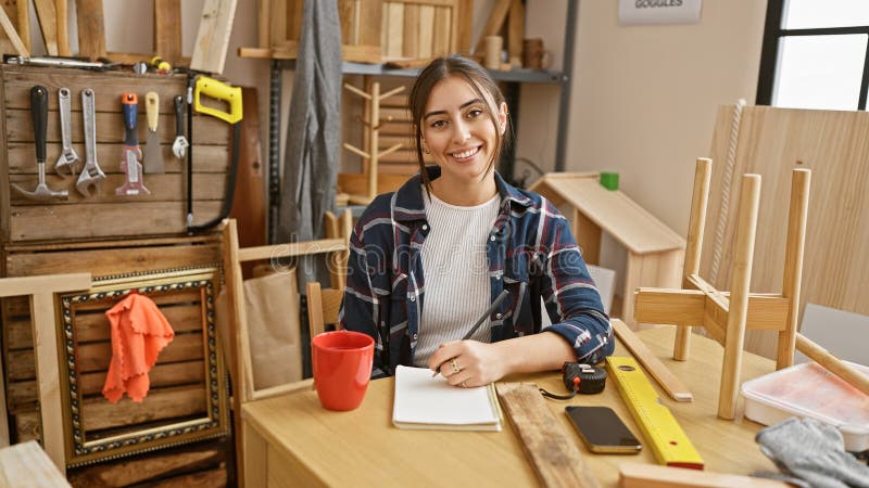Hispanic Woman Smiling in Woodworking Workshop with Tools and Timber ...