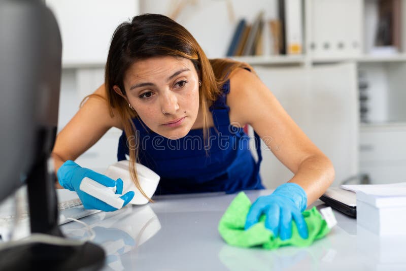 Woman Cleaning Desk in Office Stock Image - Image of woman, brazilian ... Woman Cleaning Desk in Office Stock Image - Image of woman, brazilian ...