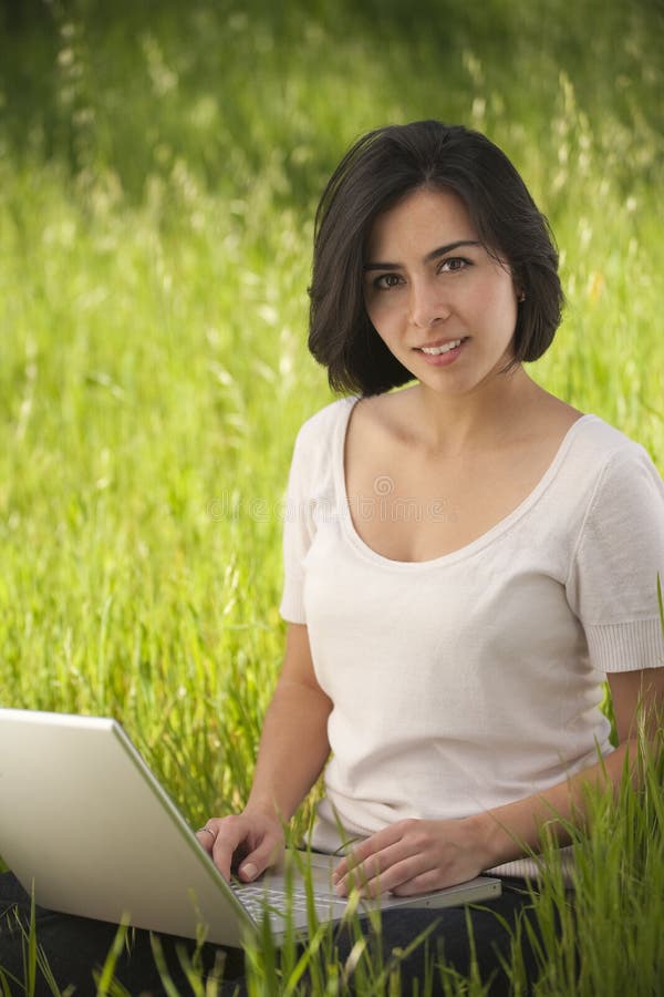 Hispanic Woman Working Laptop Computer Stock Photo - Image of portrait ...