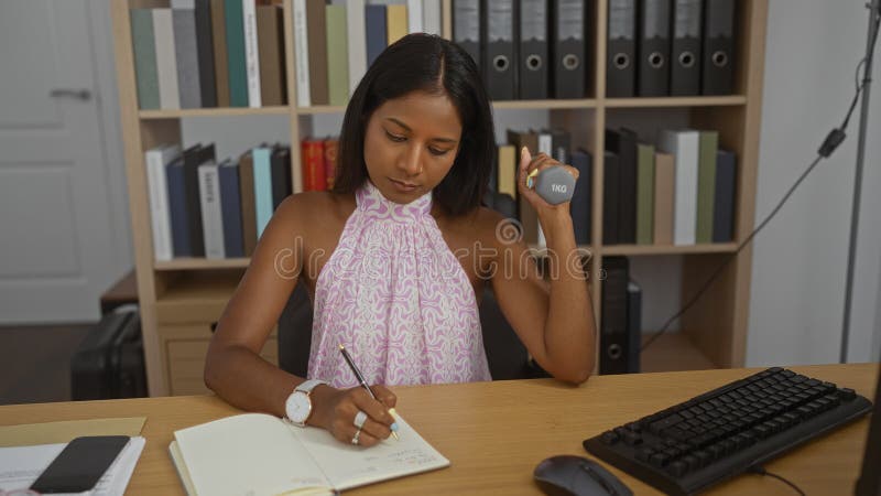 Hispanic Woman Working in an Office, Writing in a Notebook while ...