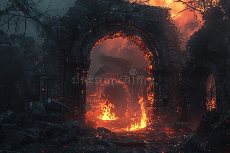 Historic Ancient Arch Fire Flames. Generate Ai Stock Image - Image of ...