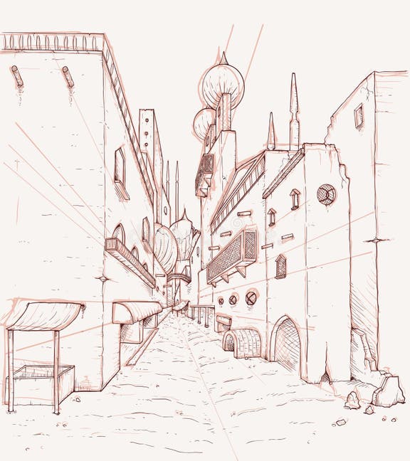 Historic Arabian Street Draw Stock Vector - Illustration of fortress ...