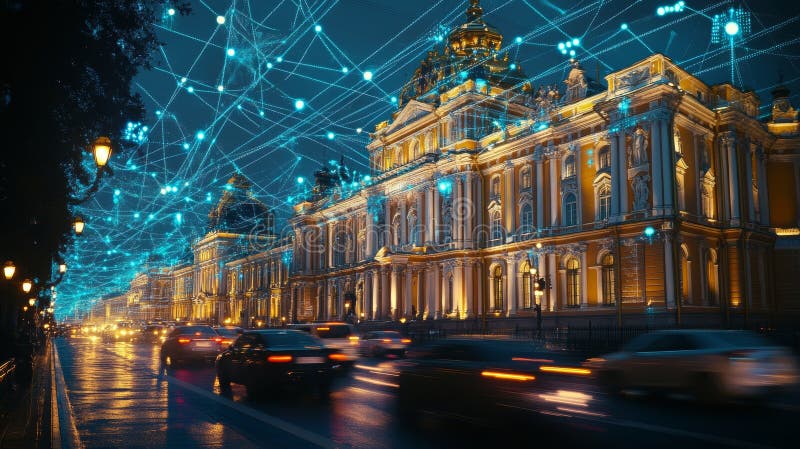 Historic Architecture Connected, Digital Network Over Cityscape, Night ...