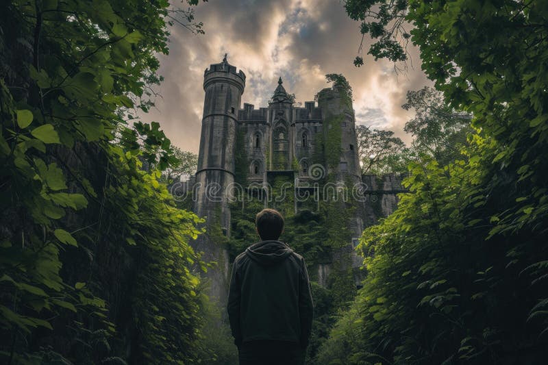 Historic Back View Man Castle Summer. Generate Ai Stock Illustration ...