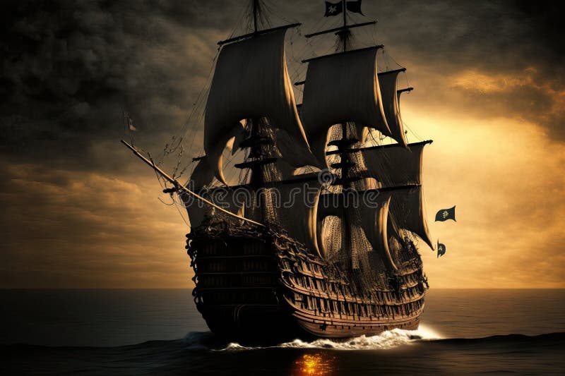 A Historic Black Pirate Ship at Sea & X28; , & X29; Stock Illustration ...