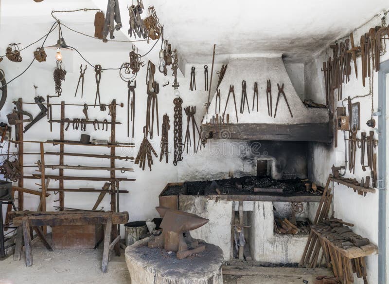 Historic Blacksmith Workshop with Old Tools and Forge Stock Photo ...