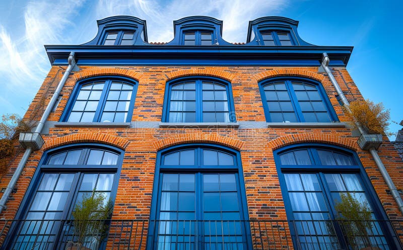 Historic Brick Building with Blue Windows Under a Clear Sky. Stock ...