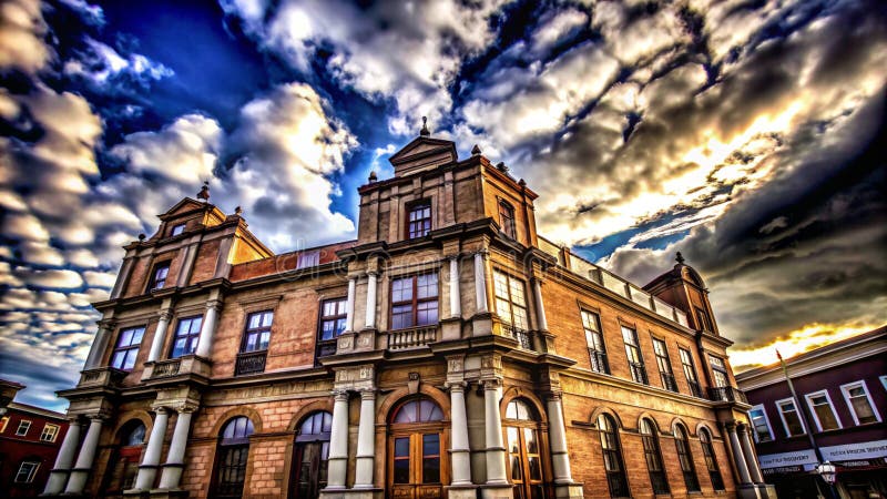 A Historic Brick Building with White Pillars and a Dramatic Sky Stock ...