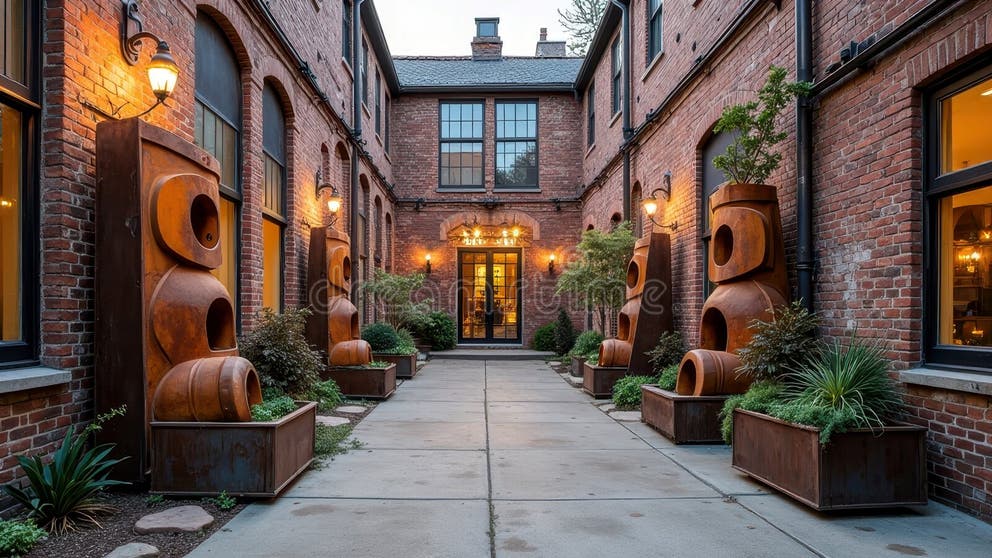 Historic Brick Courtyard with Unique Rusty Sculptures and Warm Lighting ...