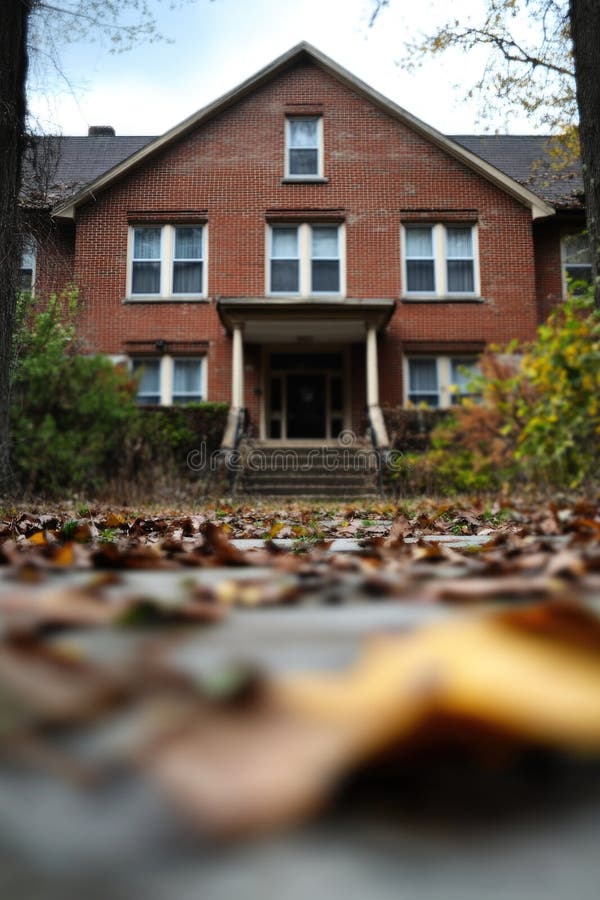 Historic Brick House in Autumn Setting with Leaf-covered Pathway Stock ...