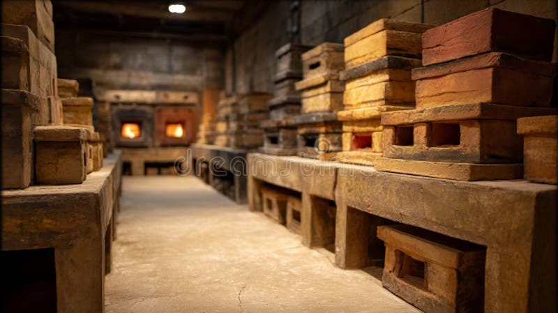Historic Brick Workshop with Kilns and Shelves Stock Illustration ...