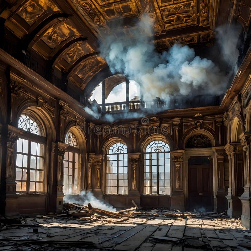 Classic Historic Building Engulfed in Flames, Surrounded by Billowing ...