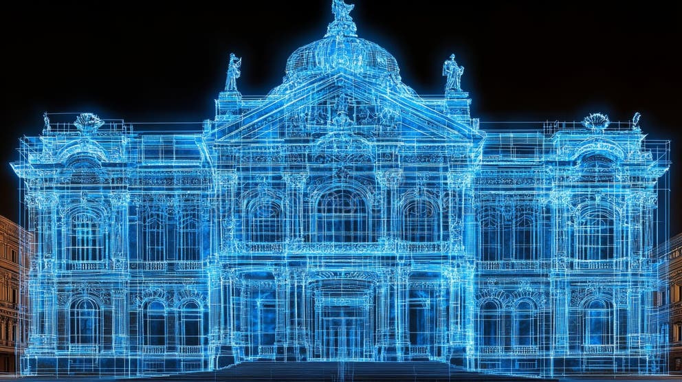 Historic Building Facade, Architectural Wireframe Rendering, 3D Digital ...