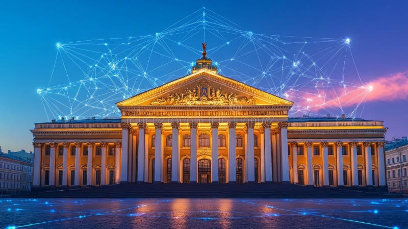 Historic Building Illuminated at Night with Digital Overlay, Concept of ...