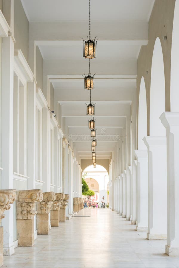 Historic Building Passage with Lights Stock Image - Image of classic ...