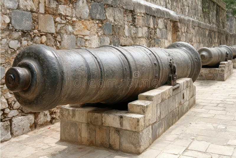 Historic Cannons on Display at Ancient Fortification in a Stone Wall ...