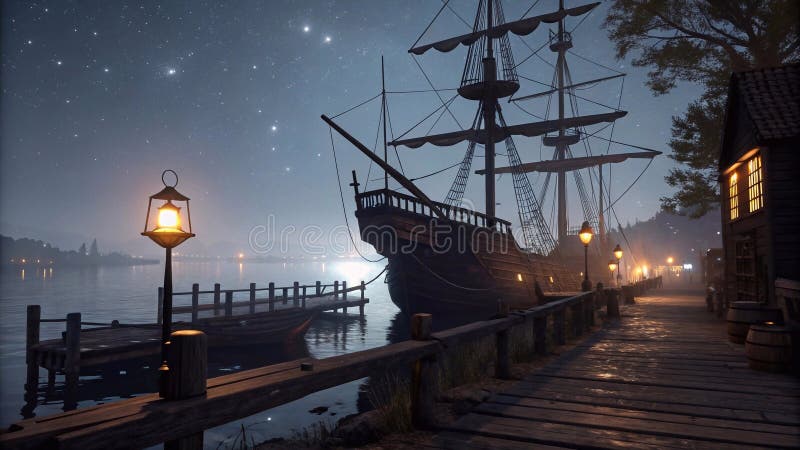 Historic Carrack Ship Illuminated by Lanterns on a Quiet Pier ...