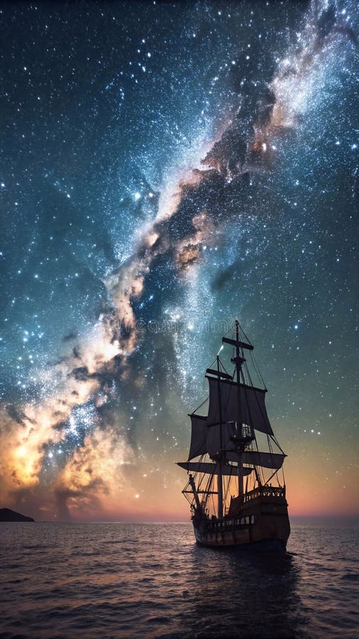 Historic Carrack Vessel Sailing Beneath the Milky Way Galaxy ...