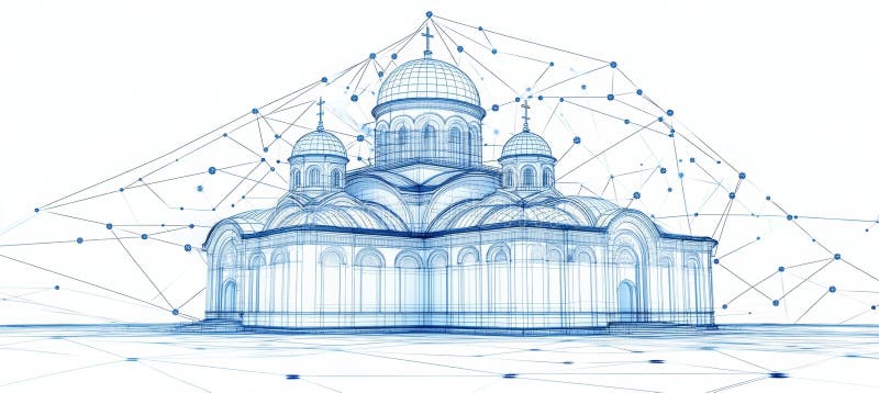 Historic Cathedral Architecture in Digital Network, Blueprint Rendering ...