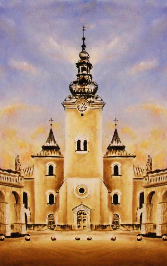 Historic Church and Town Square, Graphic Work from Painting. Stock ...