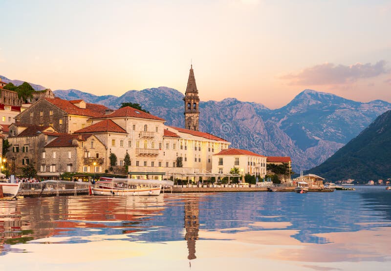 Perast in evening stock photo. Image of landmark, balkan - 157964938